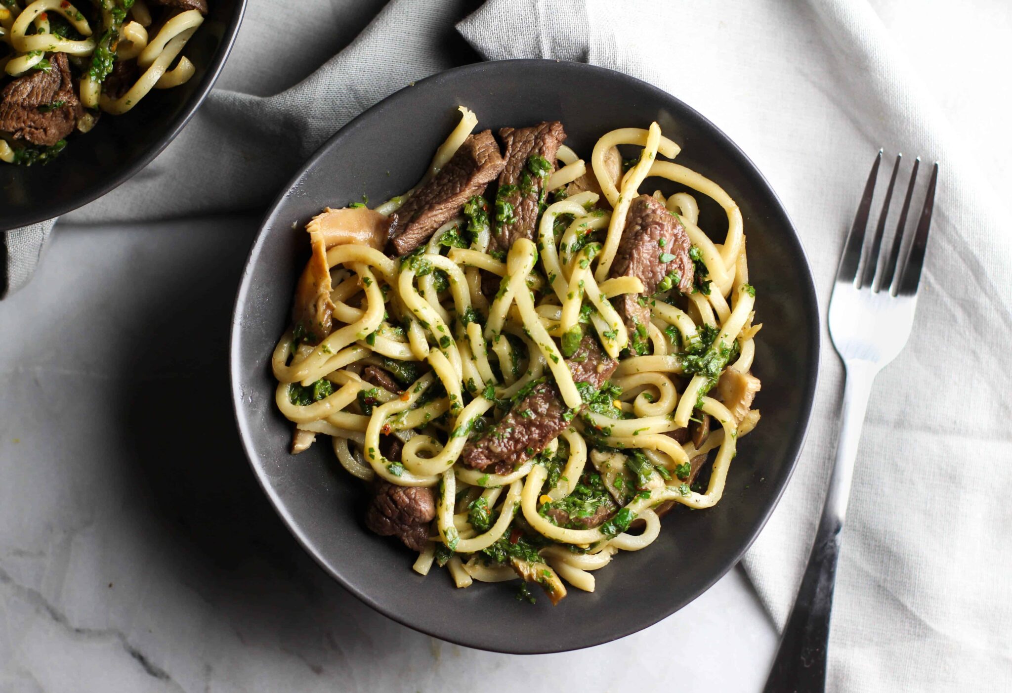 Steak and Udon Noodle Salad with Chimichurri Sauce - The Culinary Compass